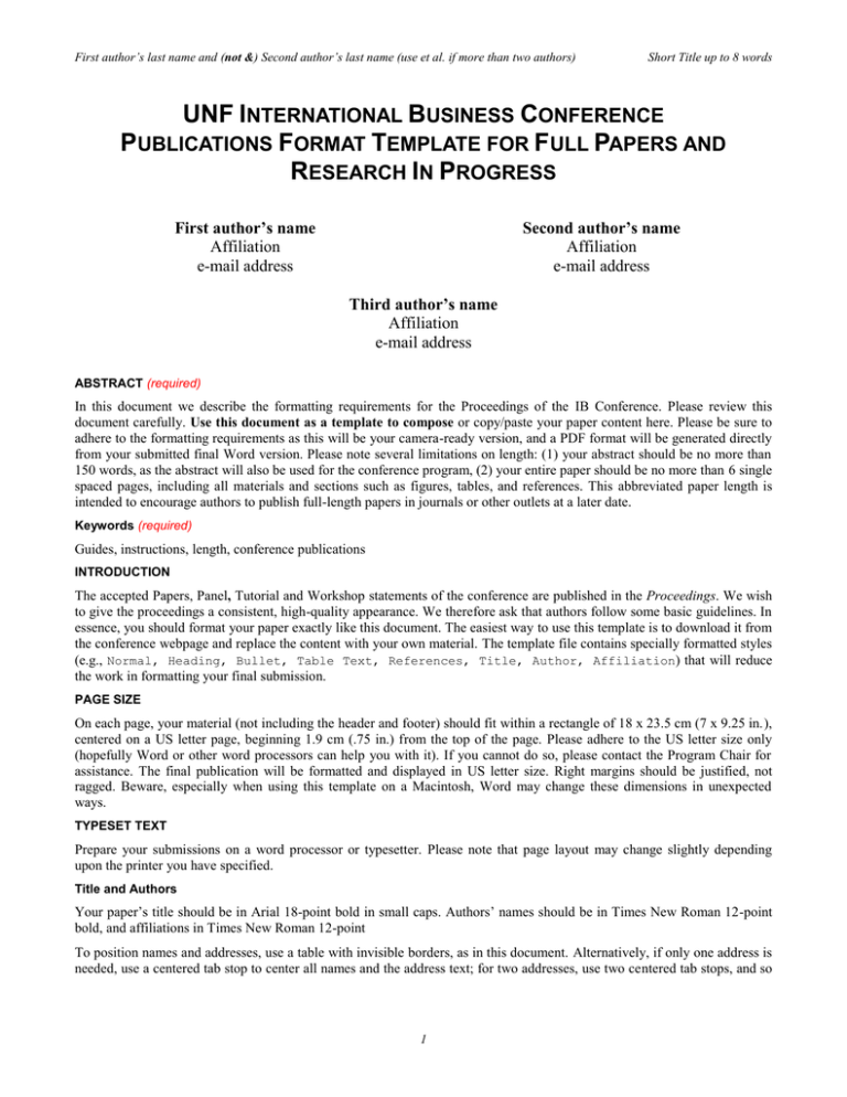 UNF Business Conference Paper Template: Formatting Guide