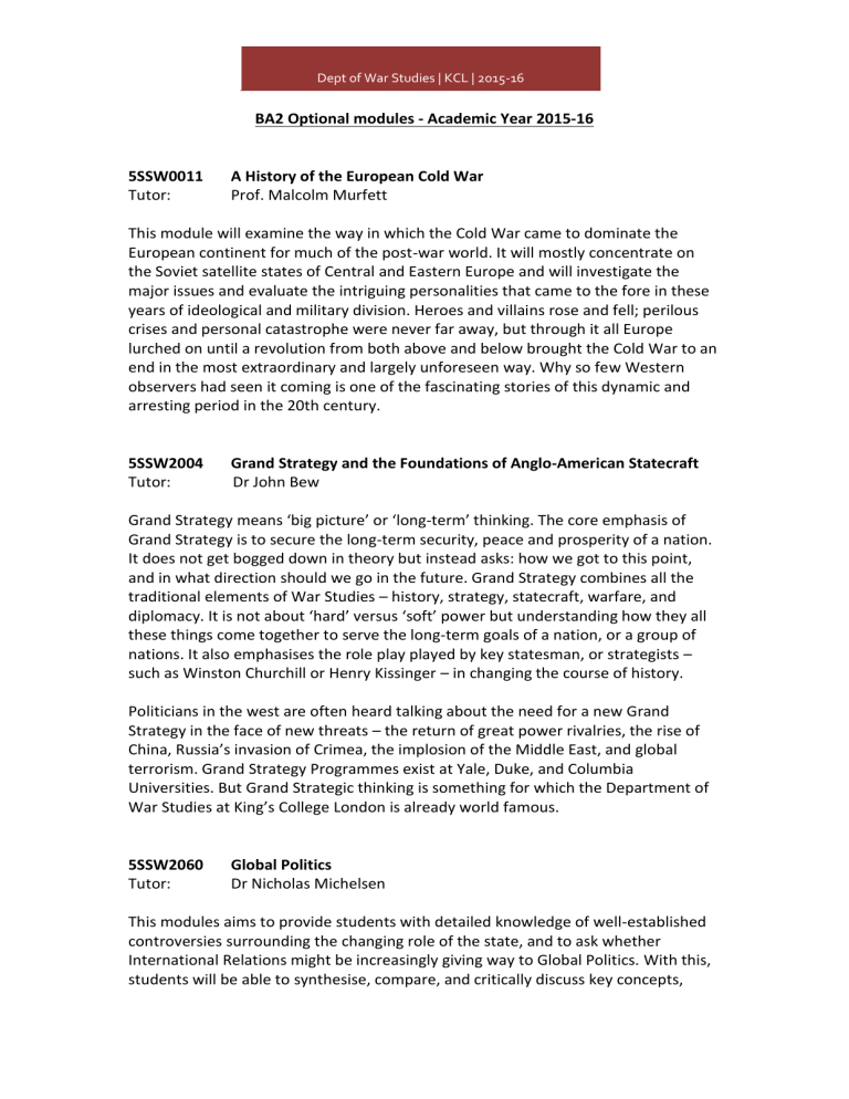 Year 2 Optional Module Descriptions (2015-16)