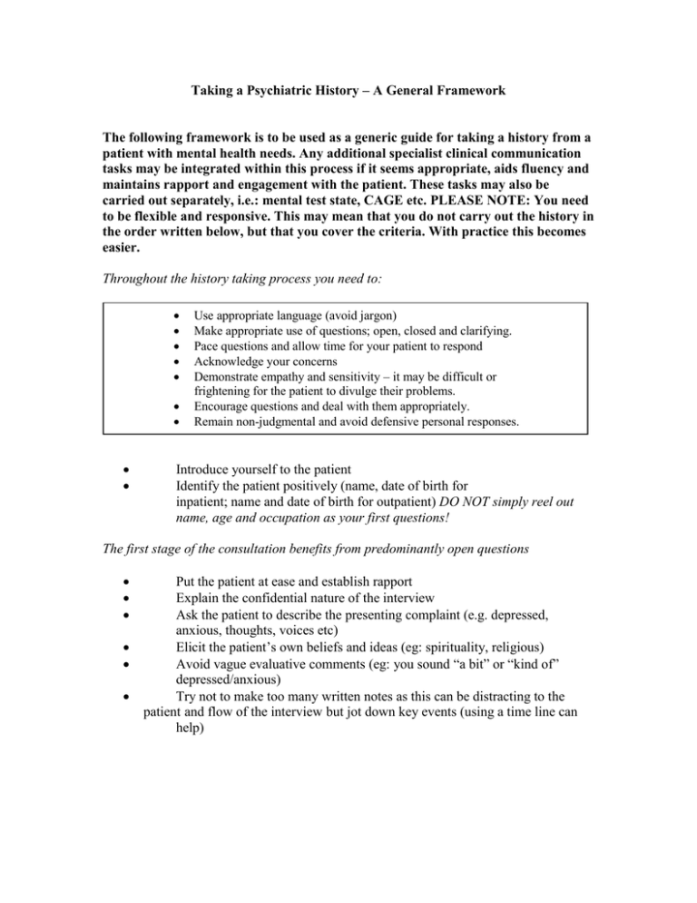 Psychiatric History Taking: A General Framework