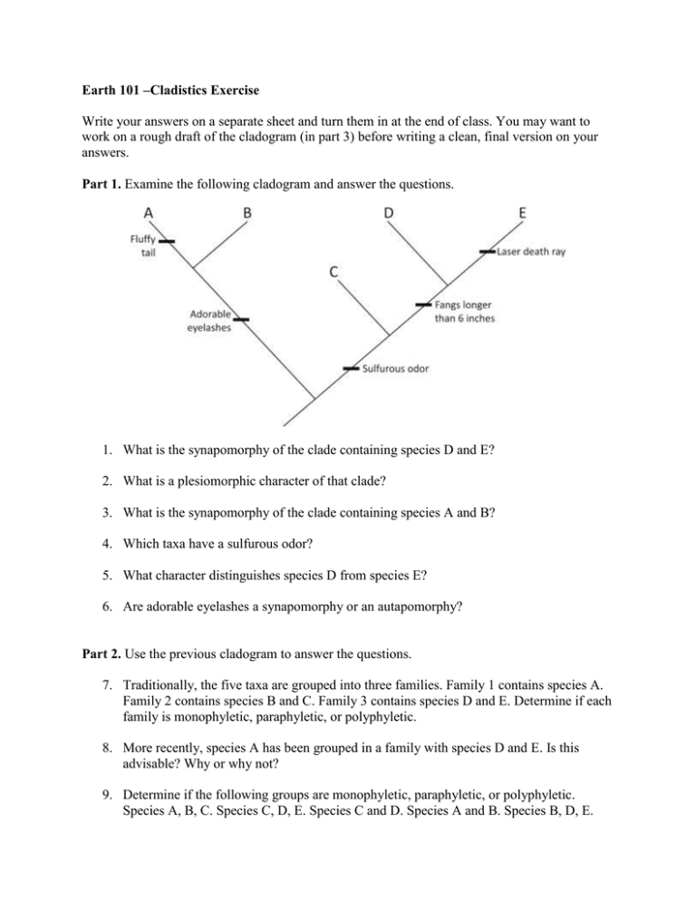 Cladistics Exercise: Phylogeny & Evolutionary Relationships