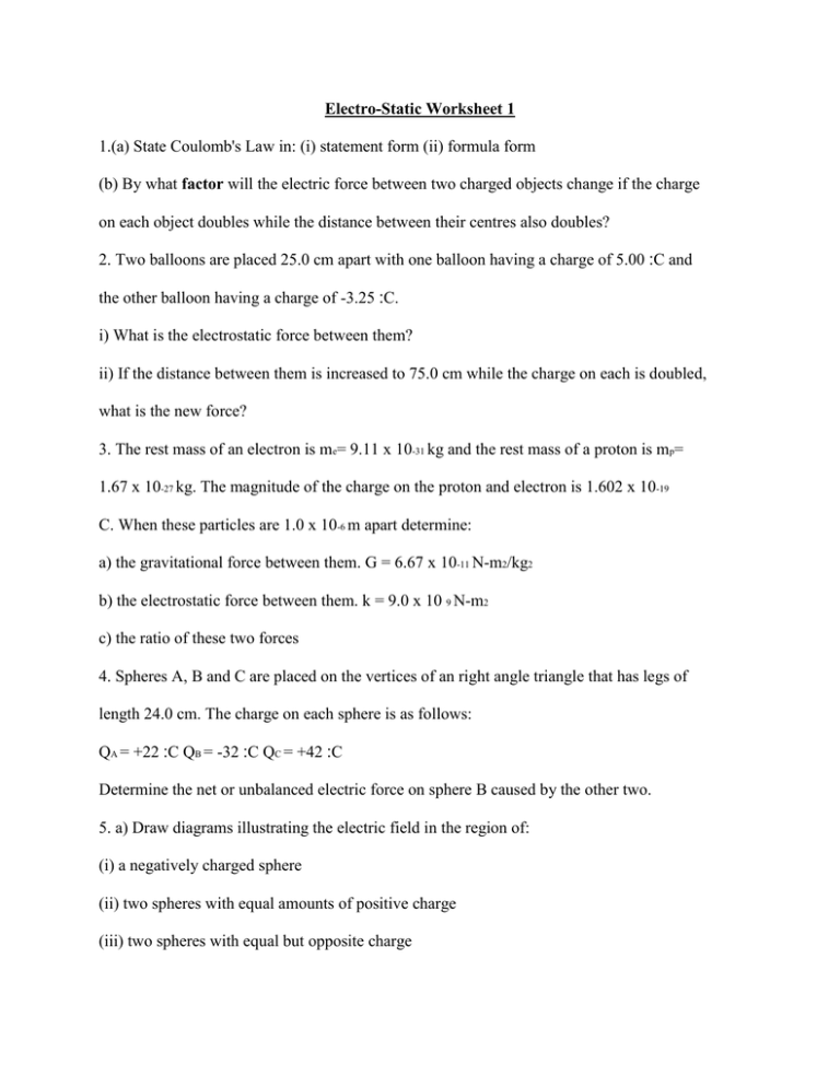 Electrostatics Worksheet: Coulomb's Law & Electric Fields