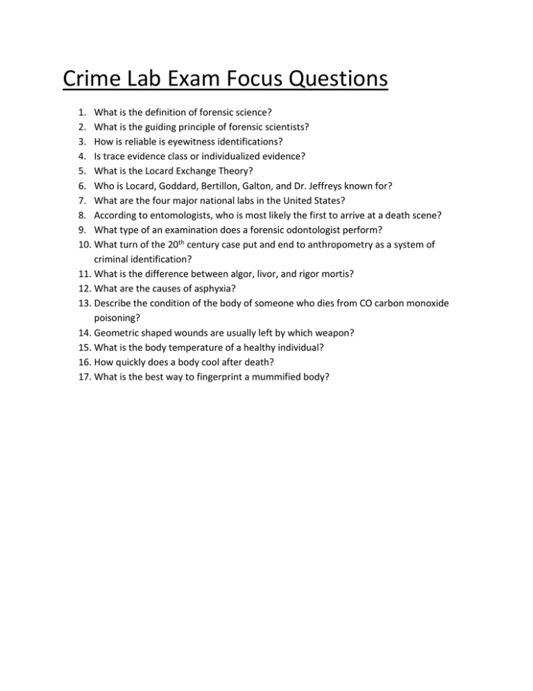 Crime Lab Exam Focus Questions