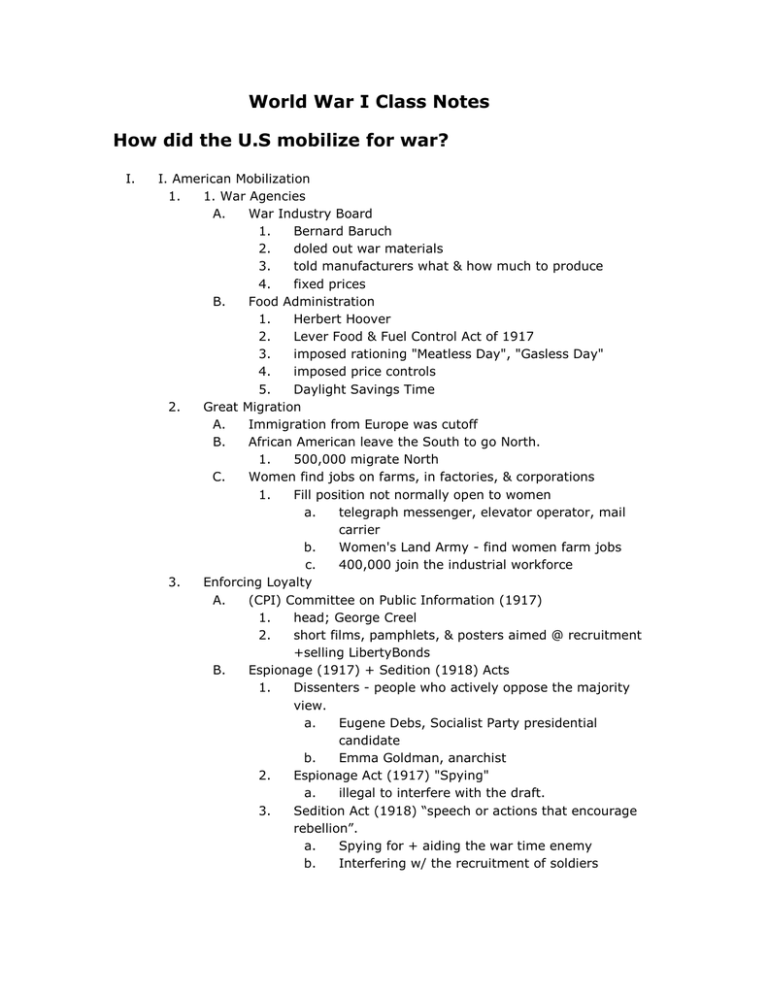 World War I Class Notes