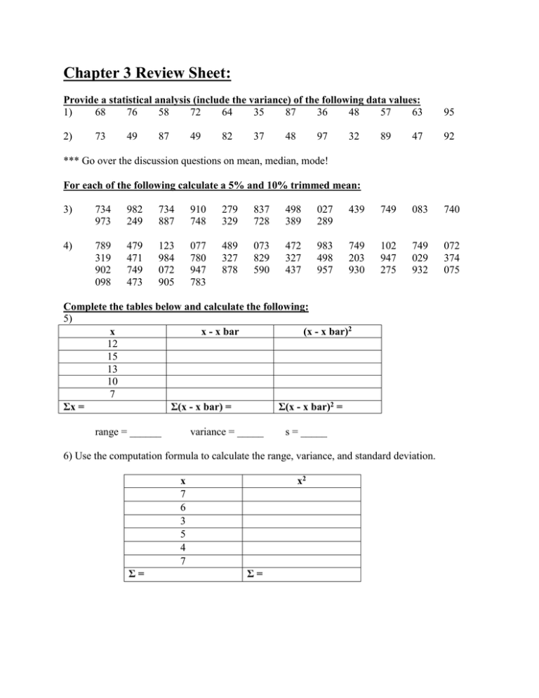 Chapter 3 Review Sheet: