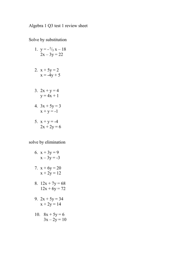 Algebra 1 Systems of Equations Review Sheet