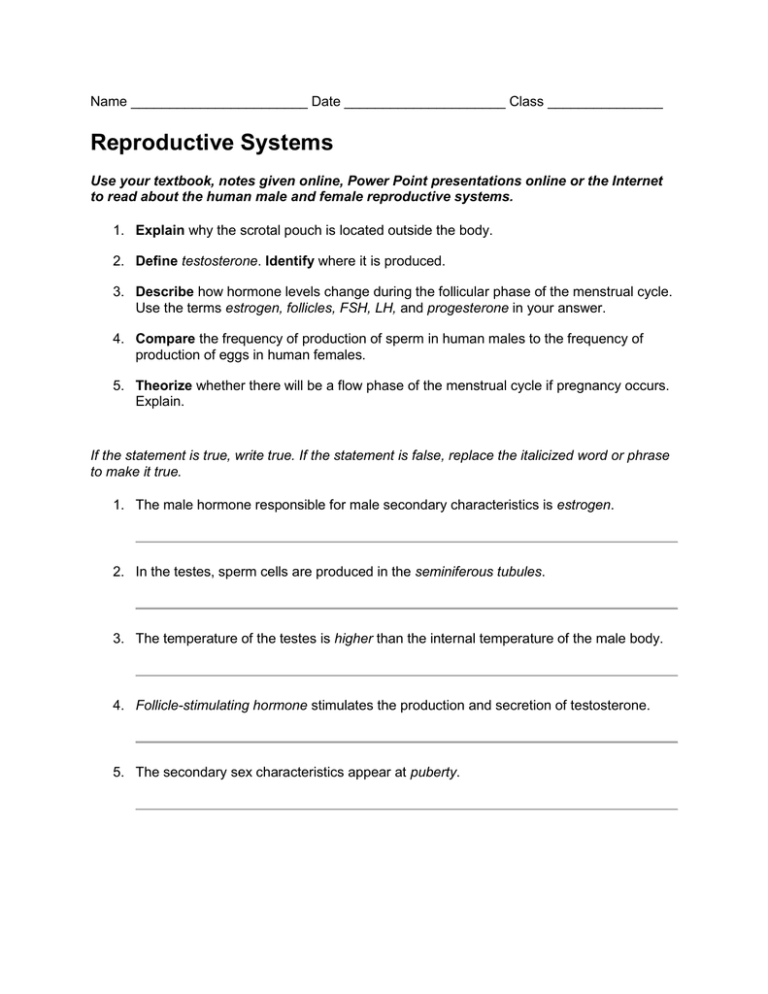 Reproductive Systems Worksheet: High School Biology