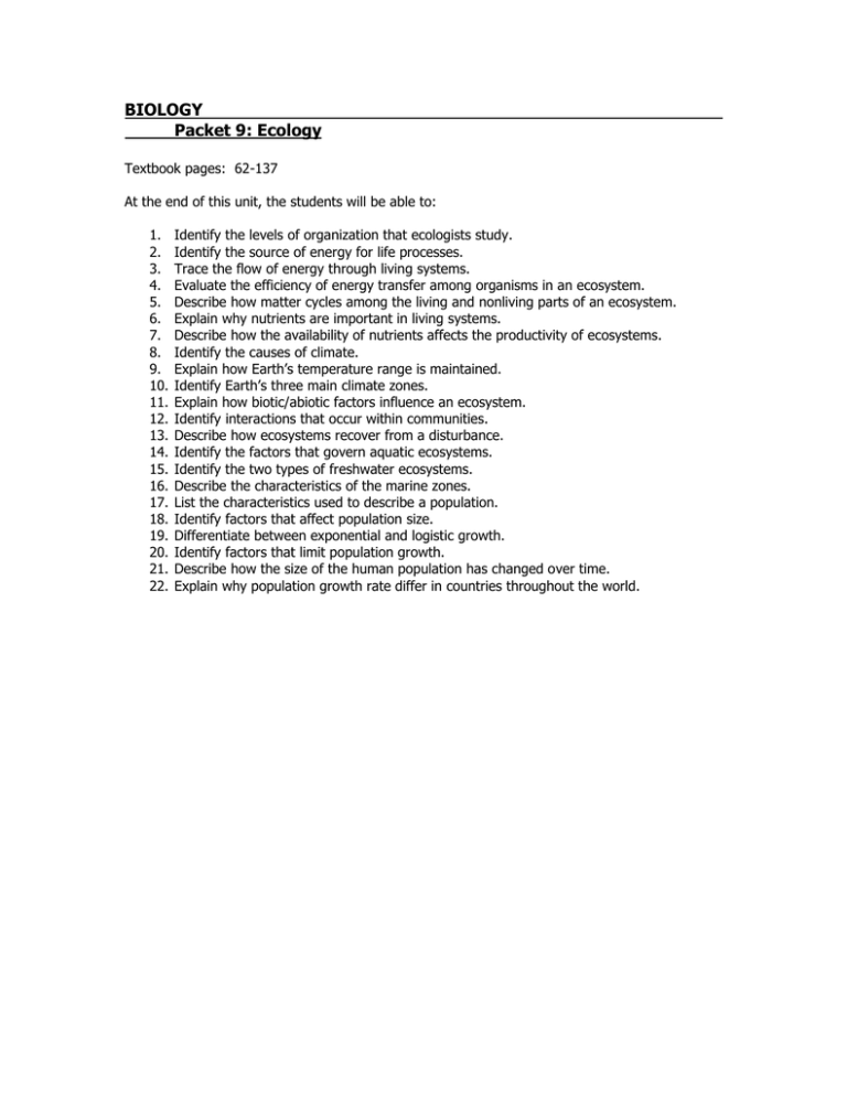 BIOLOGY Packet 9: Ecology