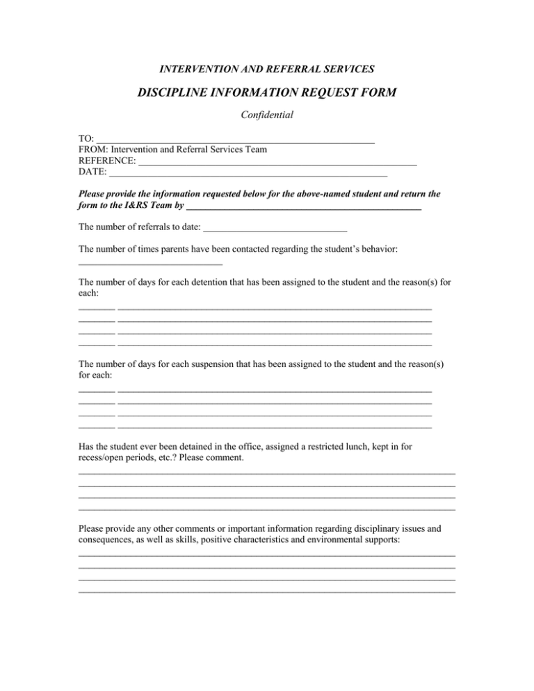 Discipline Information Request Form for Intervention Services