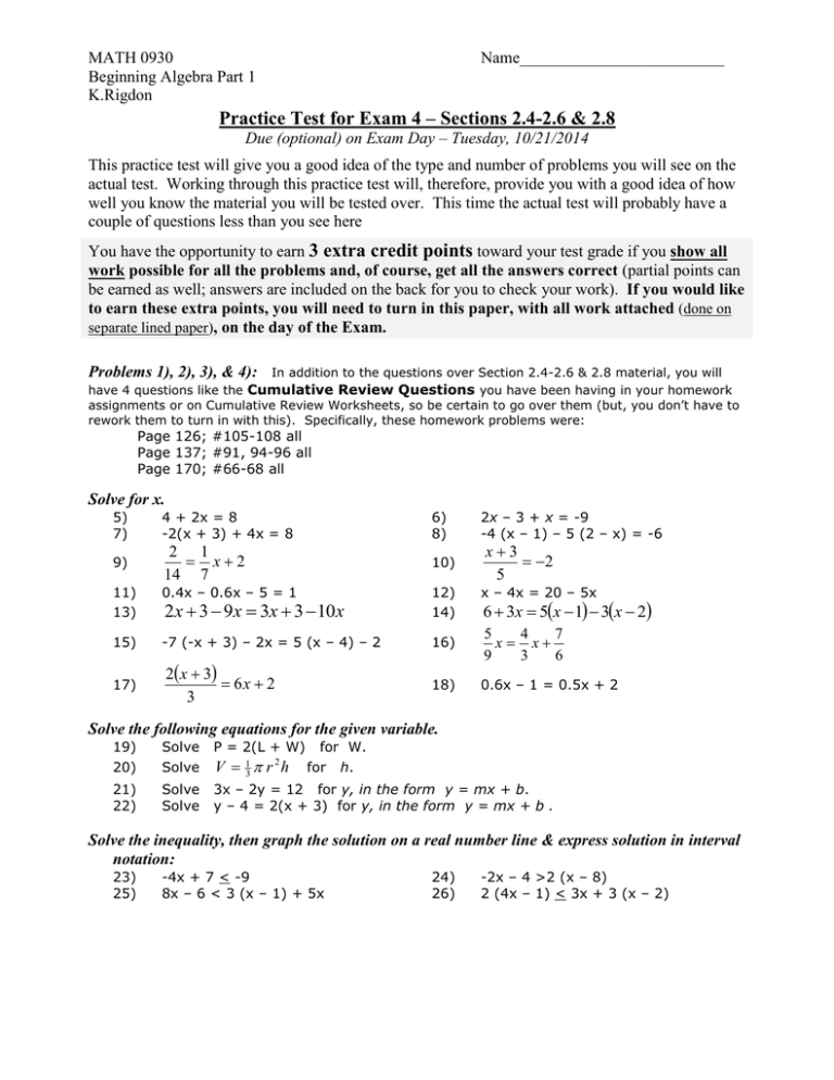 Algebra Practice Test: Equations, Inequalities, and Variables