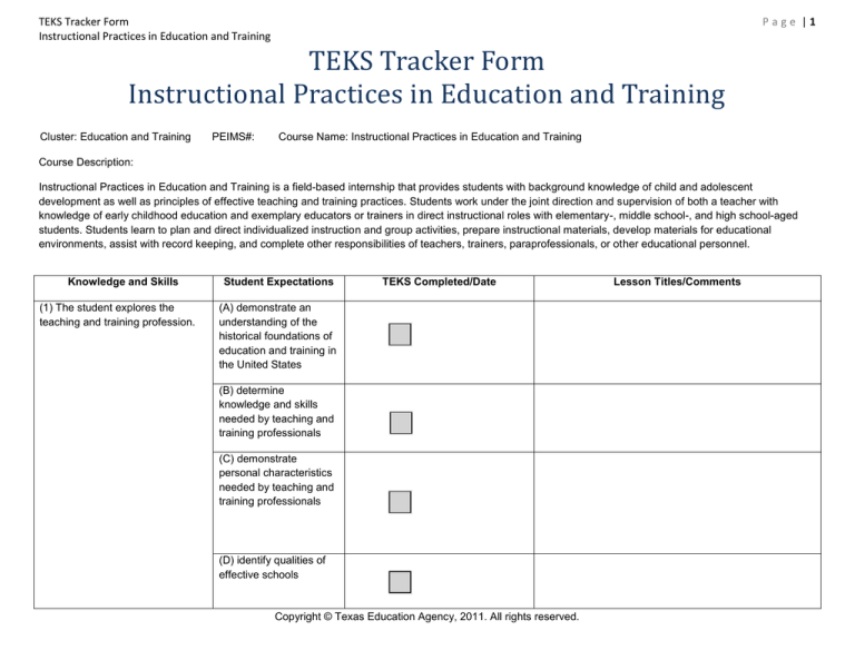 TEKS Tracker Form Instructional Practices in Education and Training 1