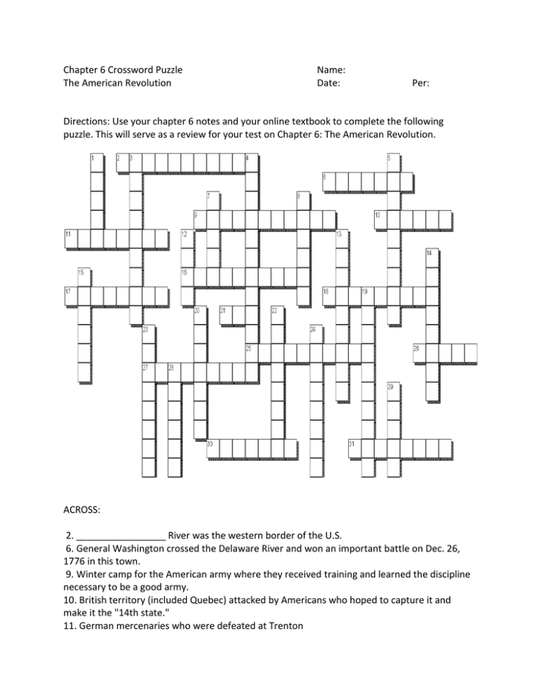 American Revolution Crossword Puzzle - Chapter 6 Review
