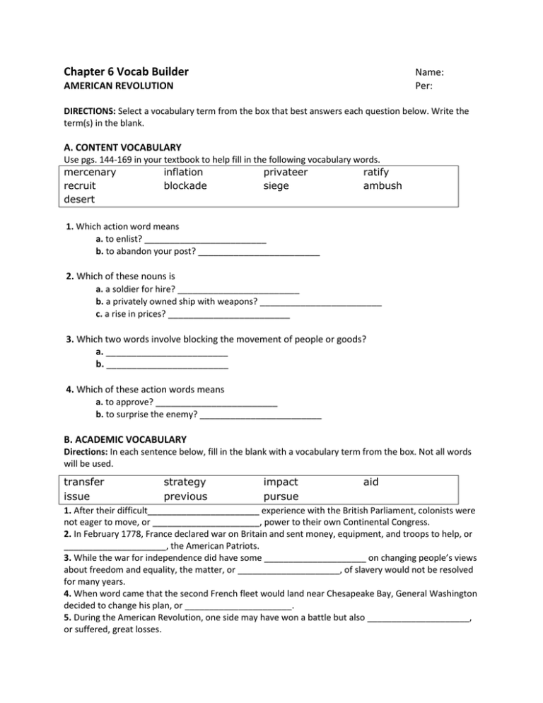 American Revolution Vocabulary Worksheet