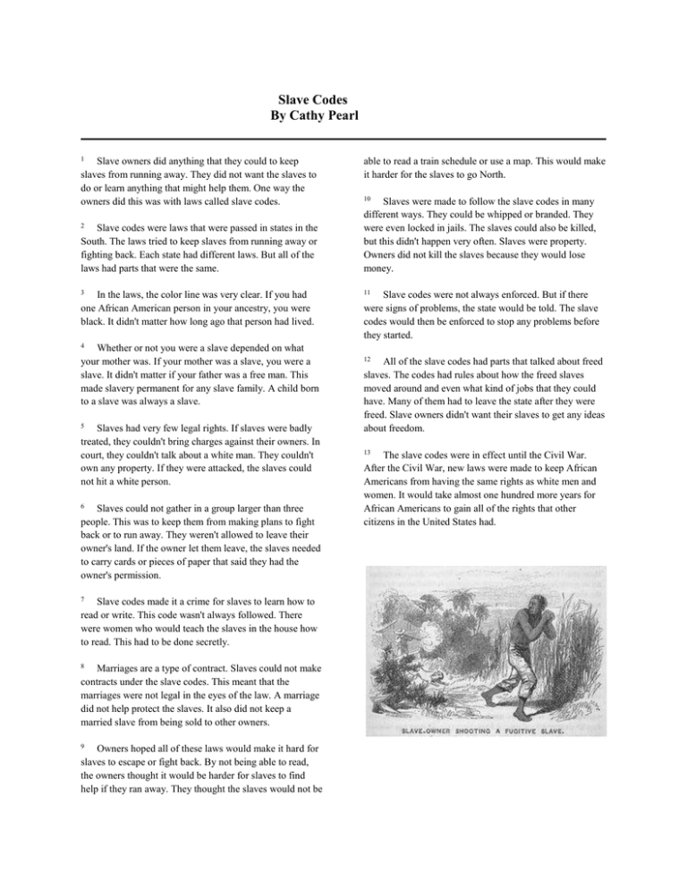 Slave Codes Worksheet: History of Slavery in the US