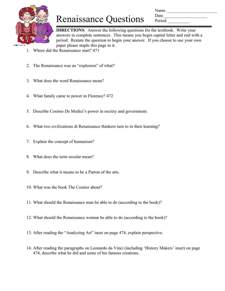 Renaissance Questions Worksheet
