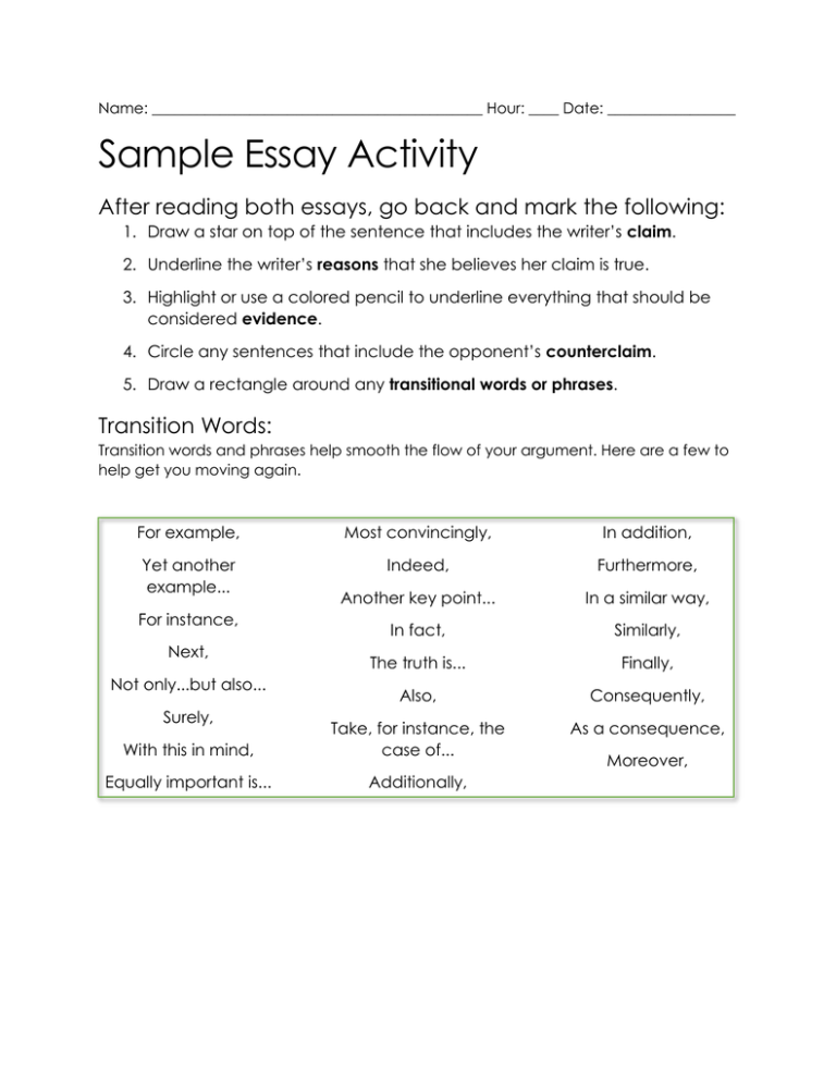 Essay Analysis Worksheet: Claims, Evidence, Transitions