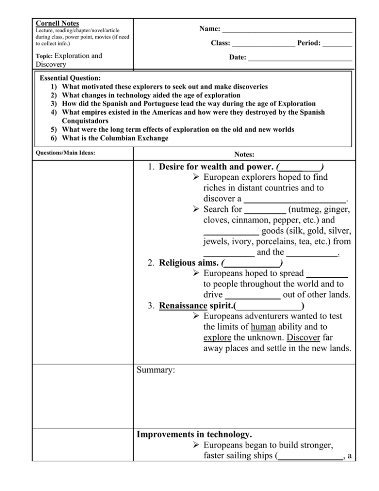 Age of Exploration: Cornell Notes - History Summary