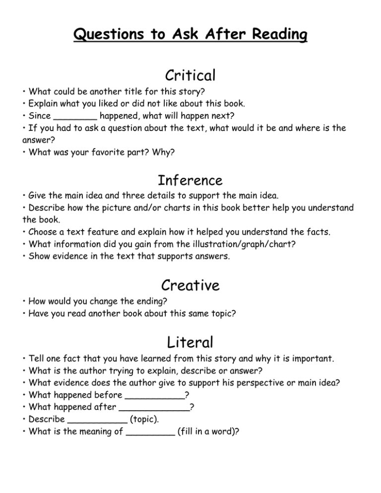 Reading Comprehension Questions: Critical Thinking