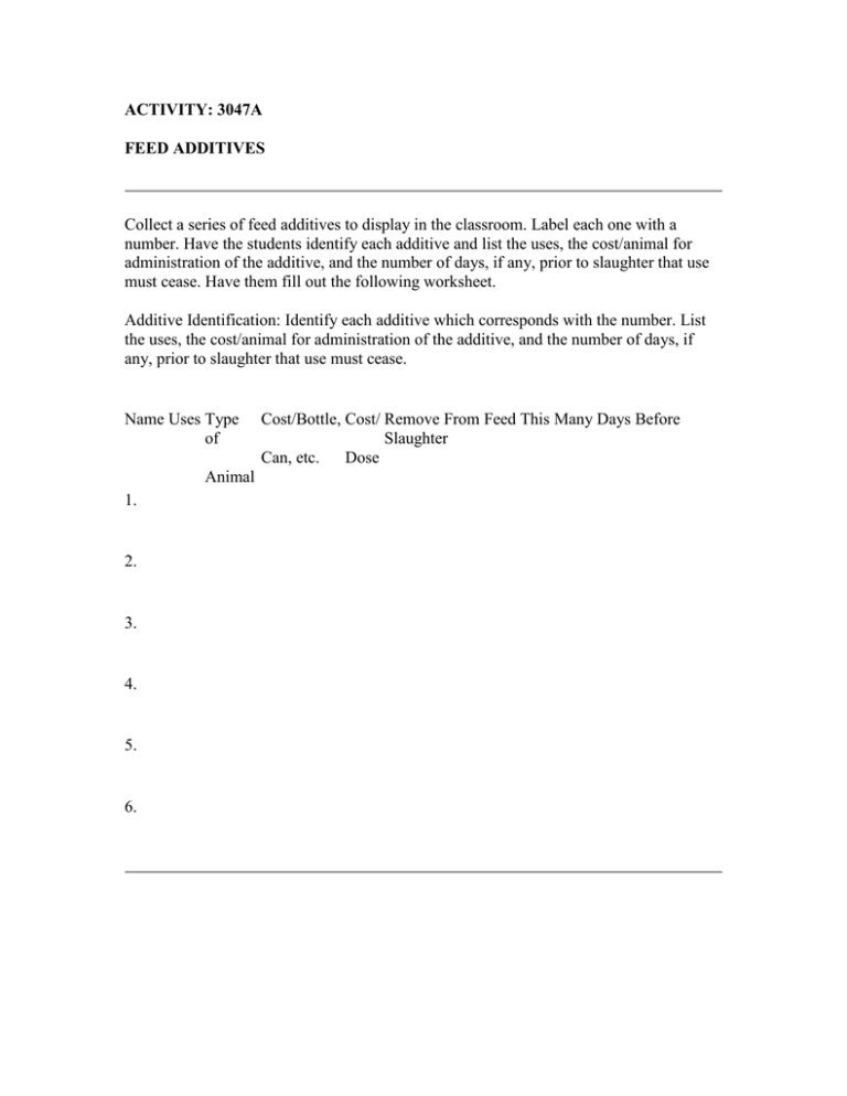 Feed Additives Worksheet: Animal Science Activity