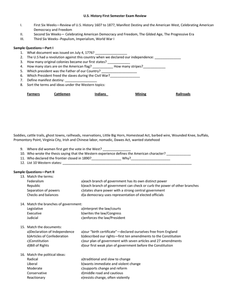 U.S. History First Semester Exam Review