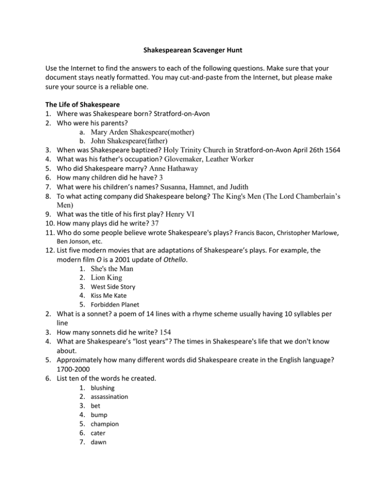 Shakespeare Scavenger Hunt Worksheet
