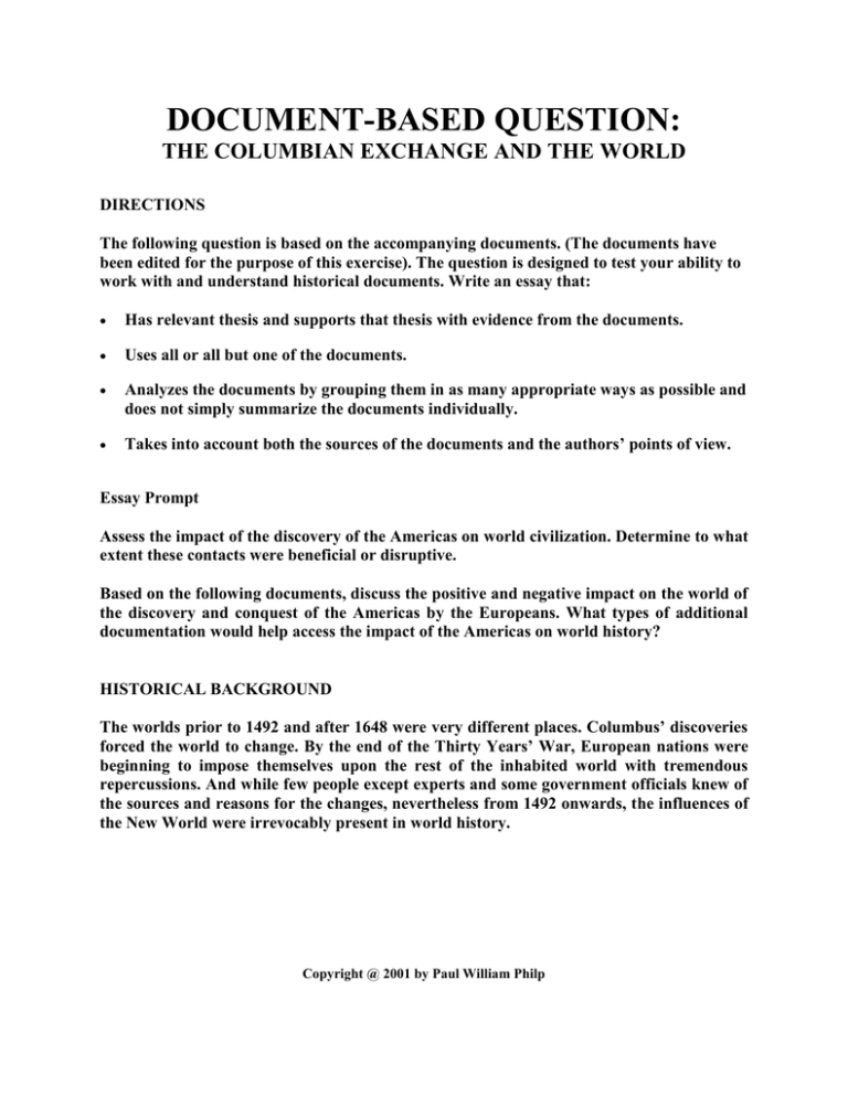 Columbian Exchange DBQ: Impact of Americas on the World