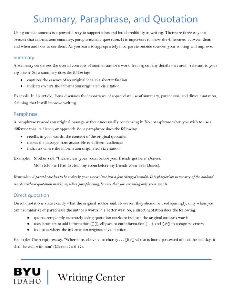 Summary, Paraphrase, Quotation: Writing Guide