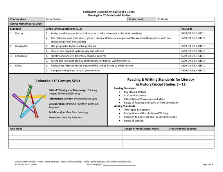 6th Grade Social Studies Curriculum Development Overview