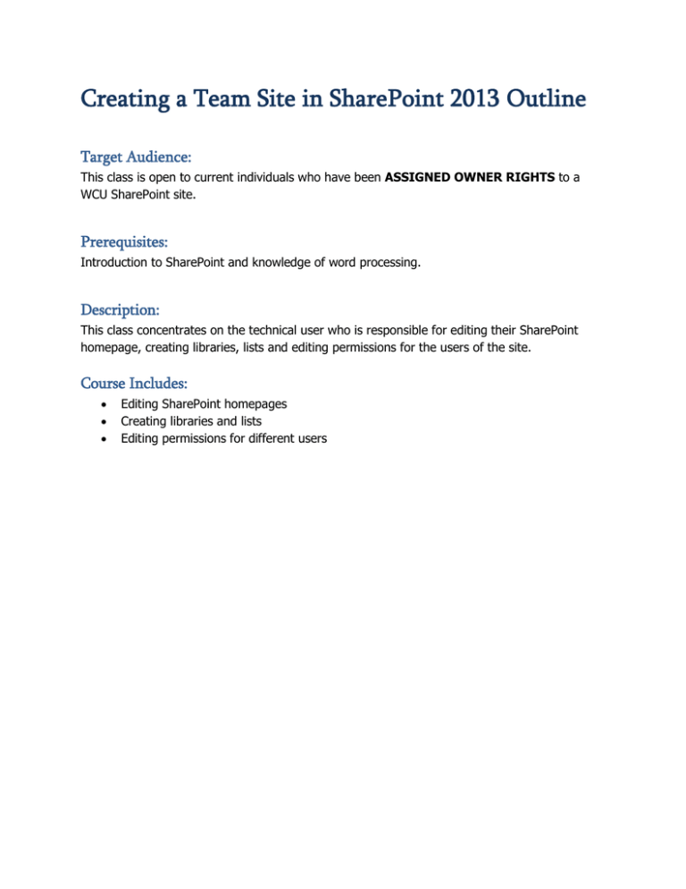 Creating a Team Site in SharePoint 2013 Outline Target Audience ...