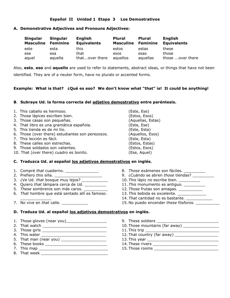Spanish Demonstrative Adjectives & Pronouns Worksheet