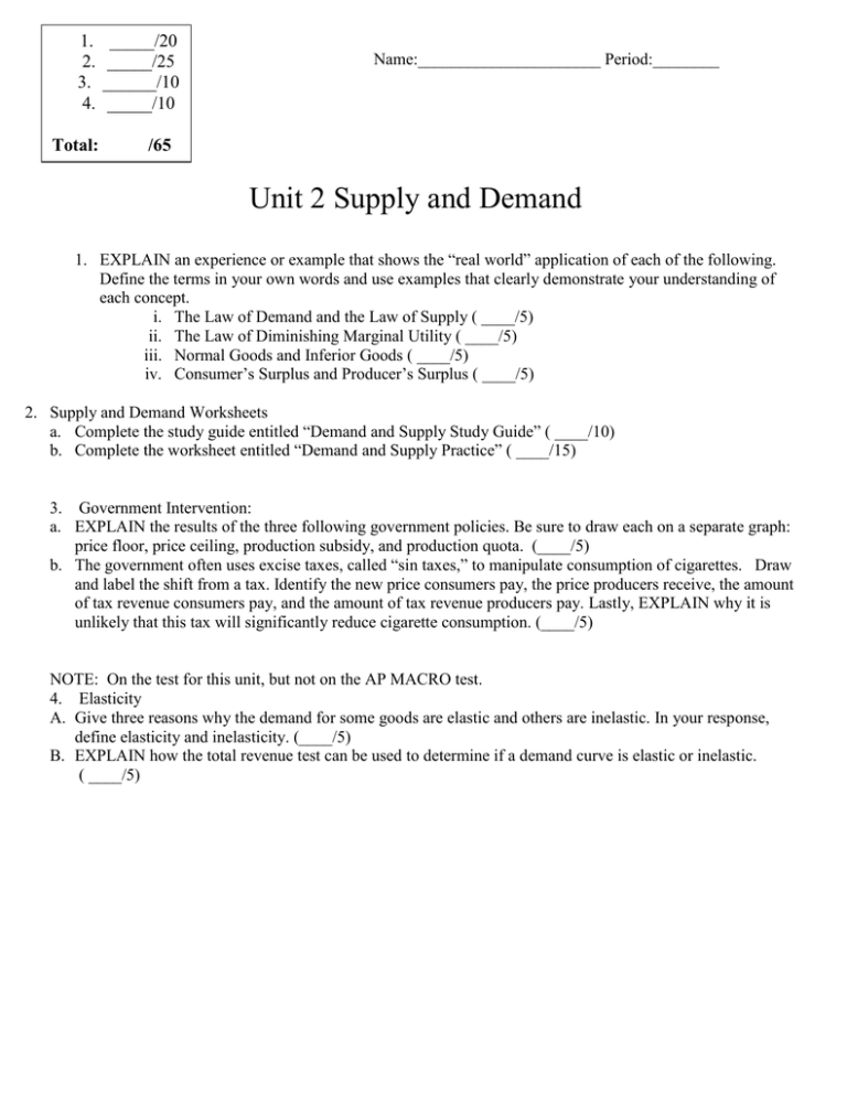 Supply and Demand Worksheet: Economics Practice
