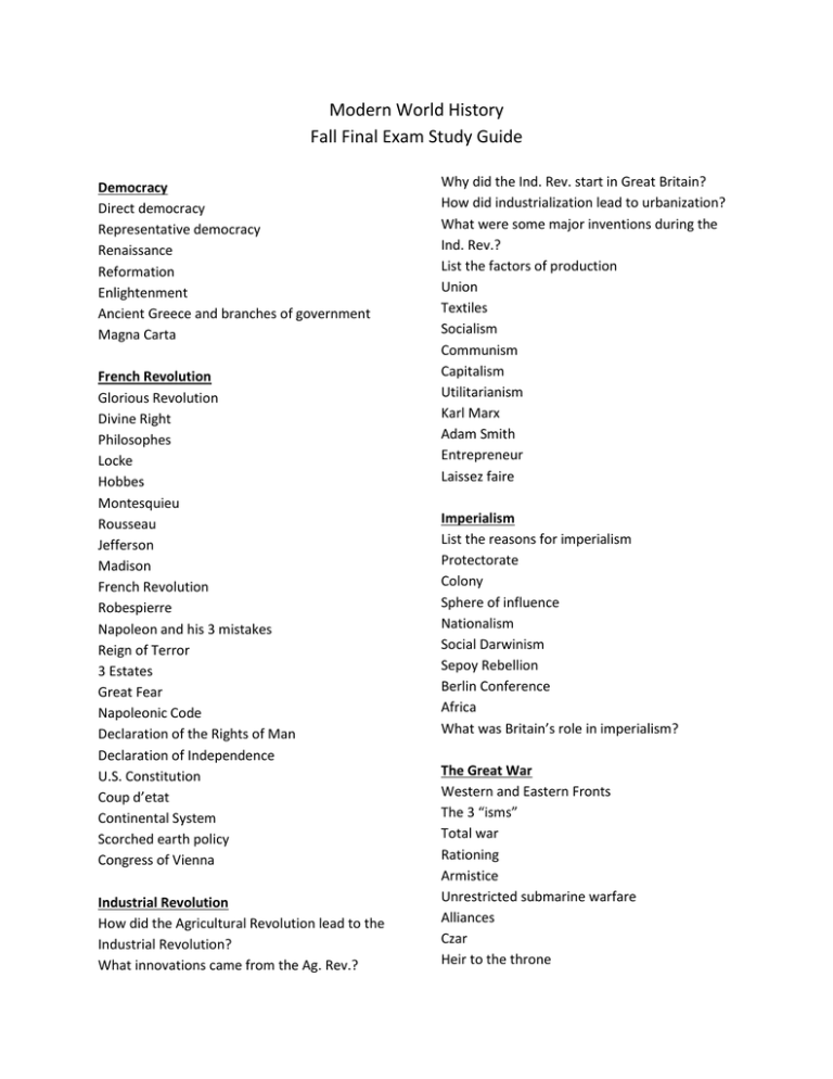 Modern World History Final Exam Study Guide