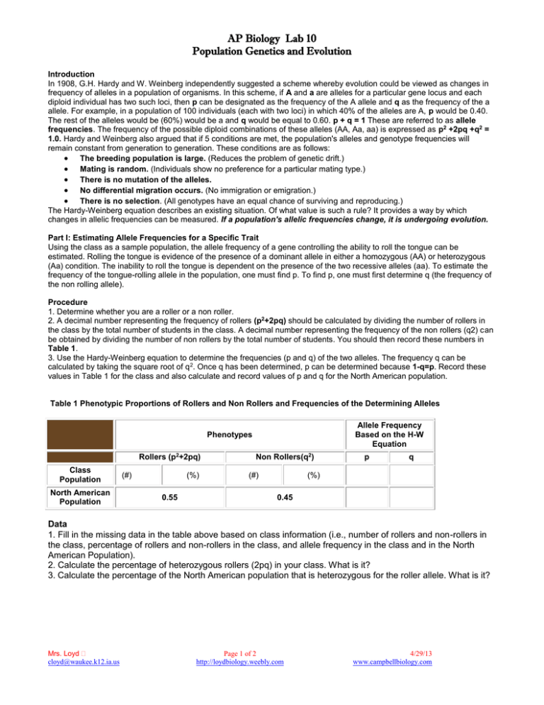 AP Biology: Population Genetics & Hardy-Weinberg Lab