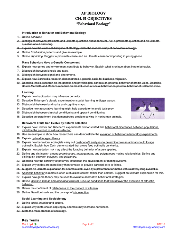 AP Biology: Behavioral Ecology Objectives
