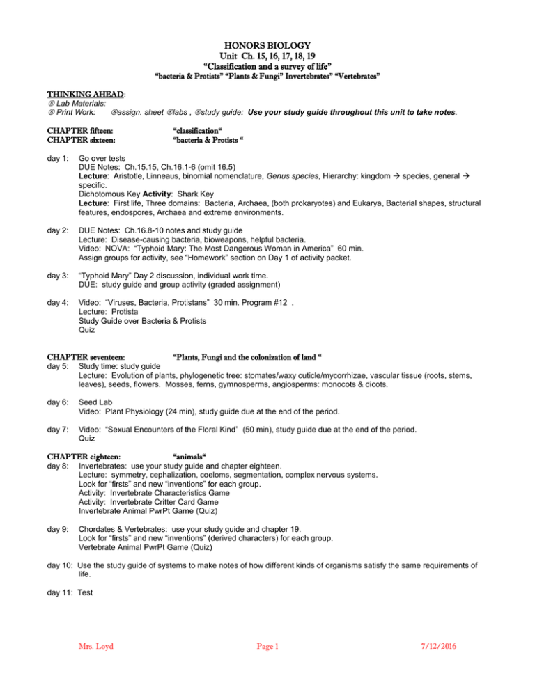 Honors Biology Syllabus: Classification & Survey of Life