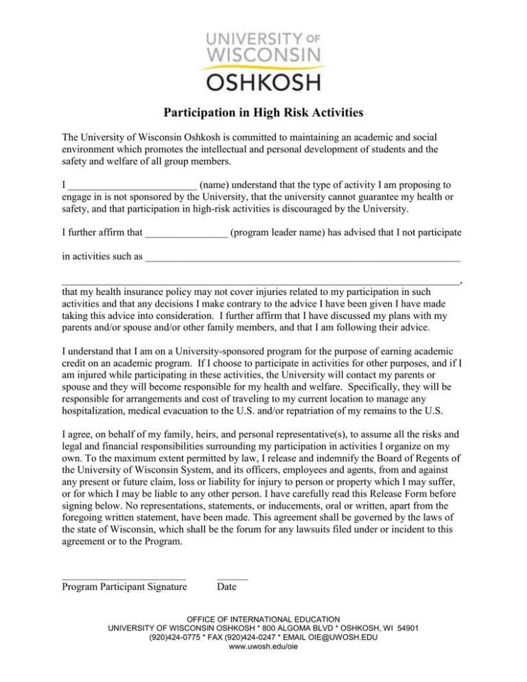Participation in High Risk Activities