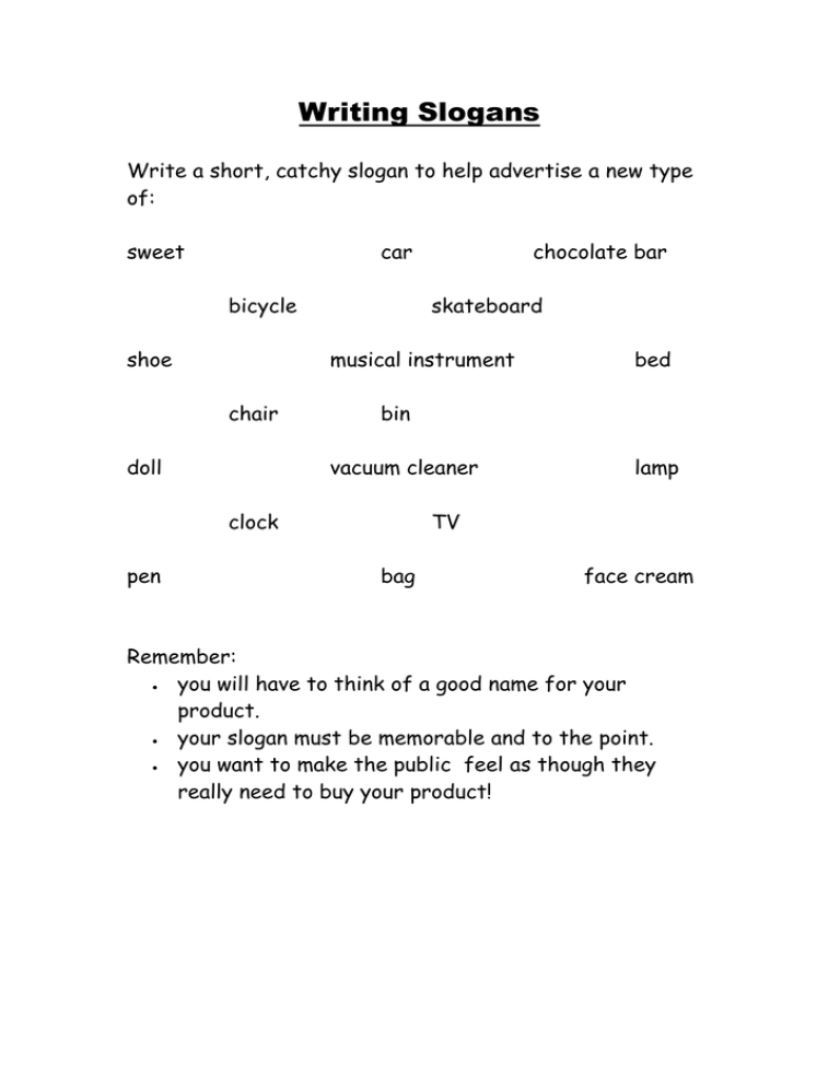 Slogan Writing Worksheet: Creative Advertising Exercise