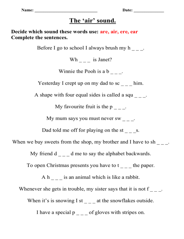 Air Sound Phonics Worksheet for Elementary School