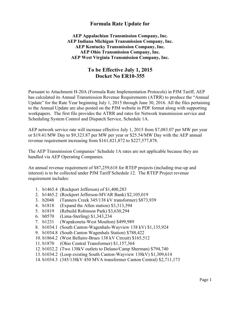 Formula Rate Update for