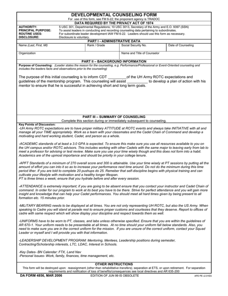 Army ROTC Counseling Form - Cadet Development