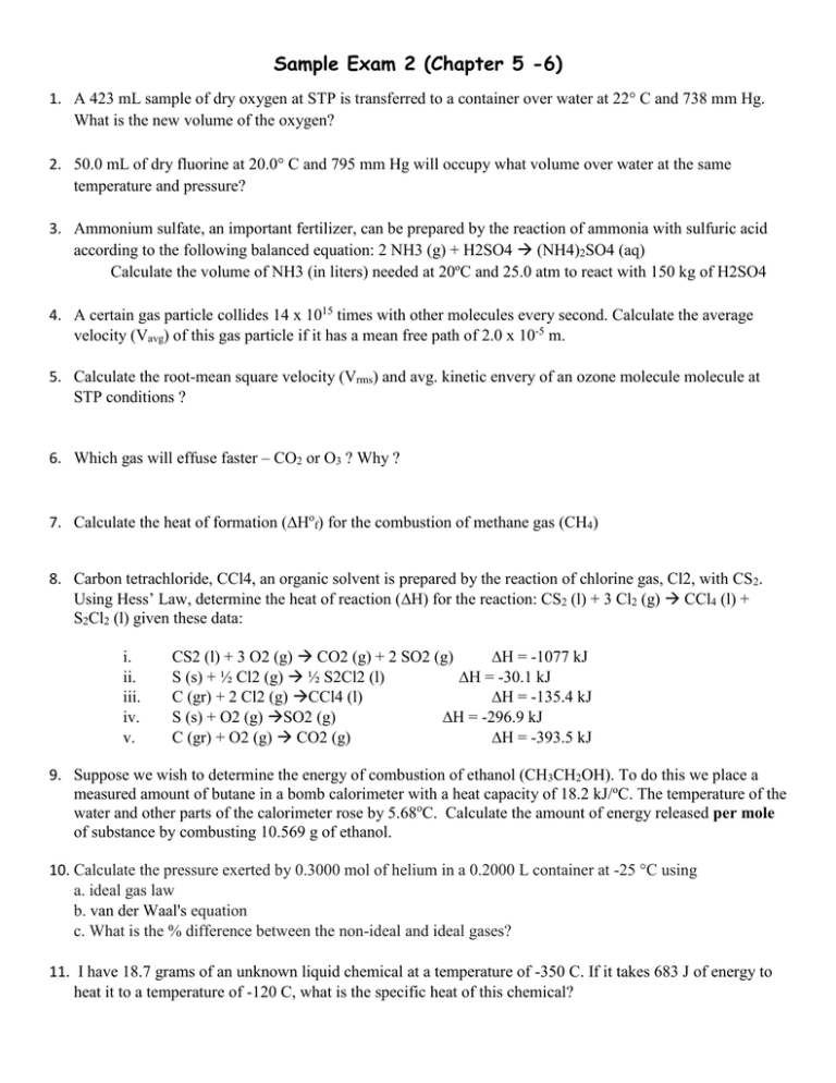 Chemistry Exam 2: Gas Laws & Thermochemistry