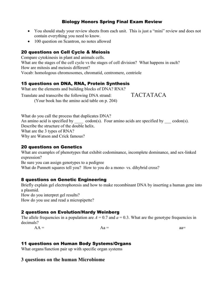 Biology Honors Spring Final Exam Review