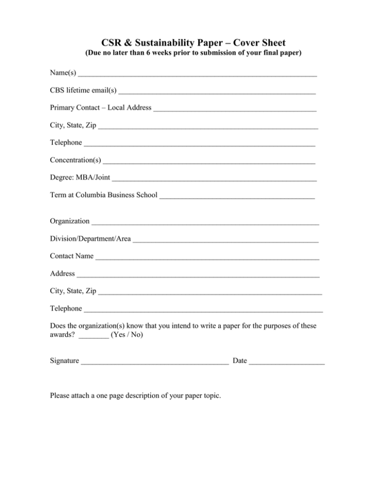CSR & Sustainability Paper – Cover Sheet