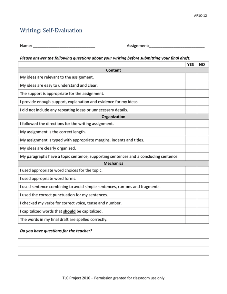 Writing: Self-Evaluation