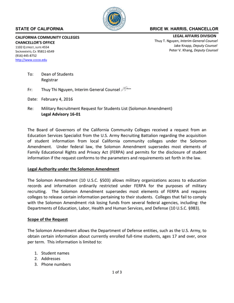 Solomon Amendment: Military Recruitment & Student Data