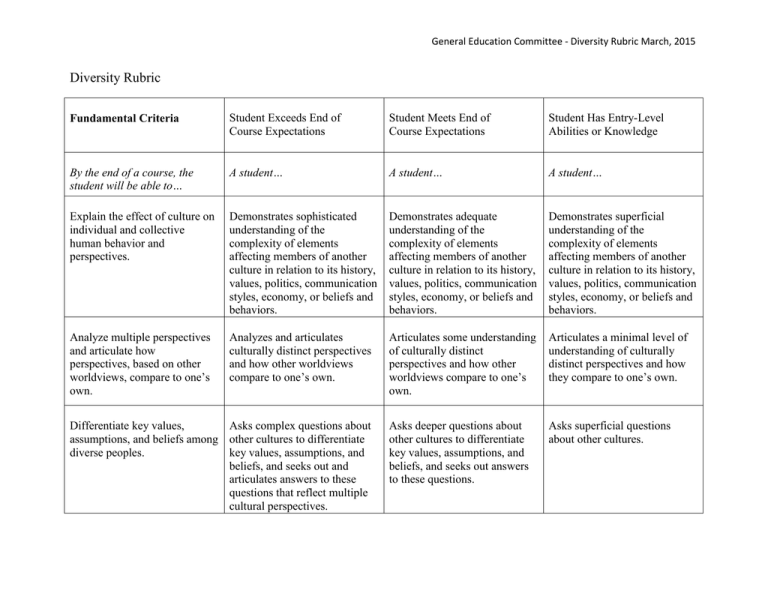 Diversity Rubric: Assessing Cultural Understanding