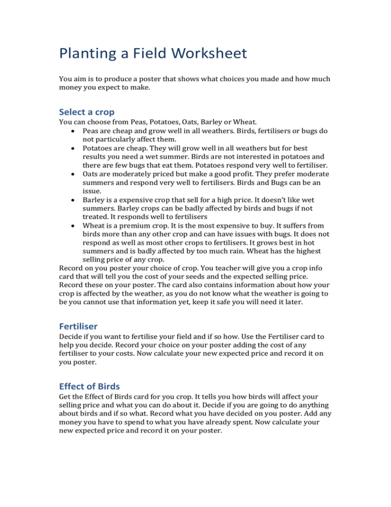 Planting a Field Worksheet