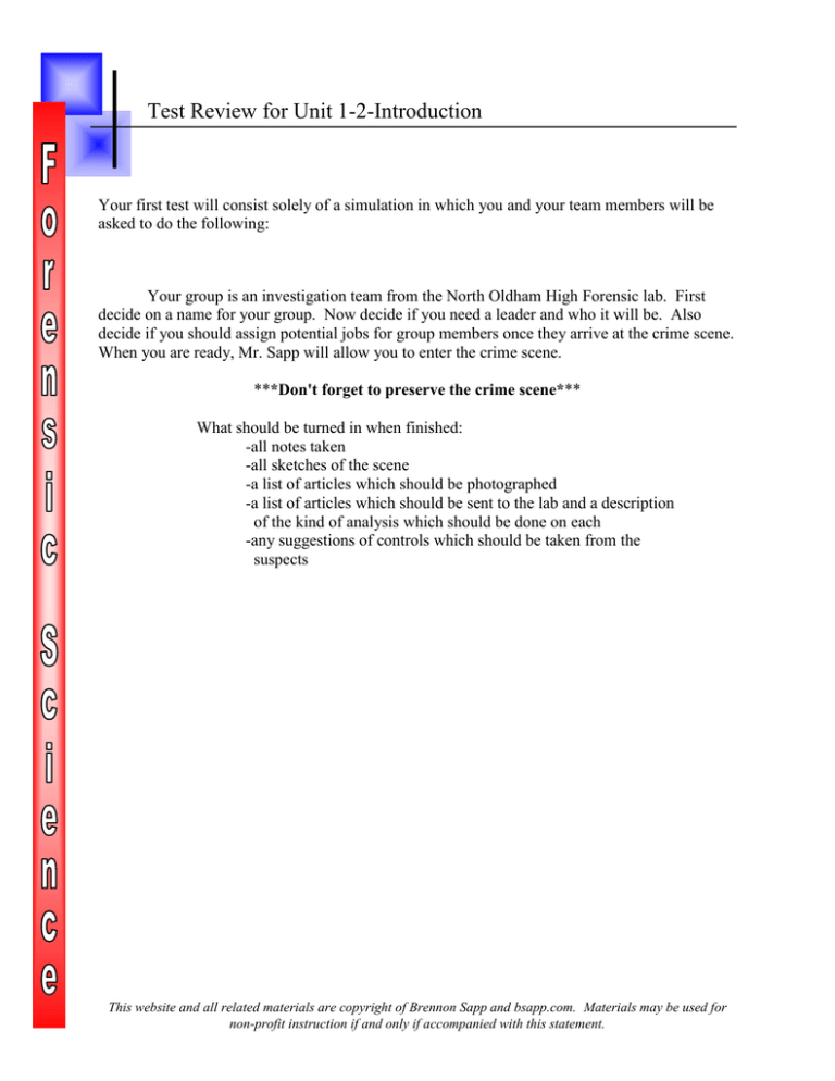 Forensic Science Test Review: Crime Scene Simulation