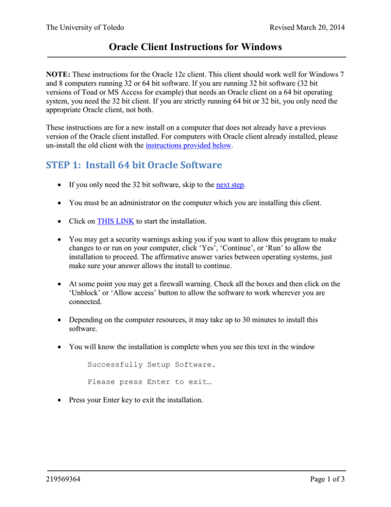 Oracle Client Instructions for Windows