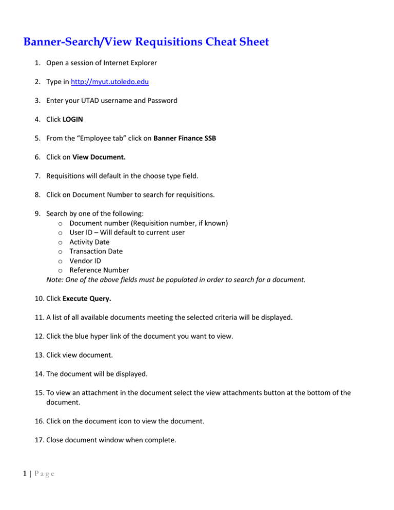 Banner Requisition Search Cheat Sheet - University of Toledo