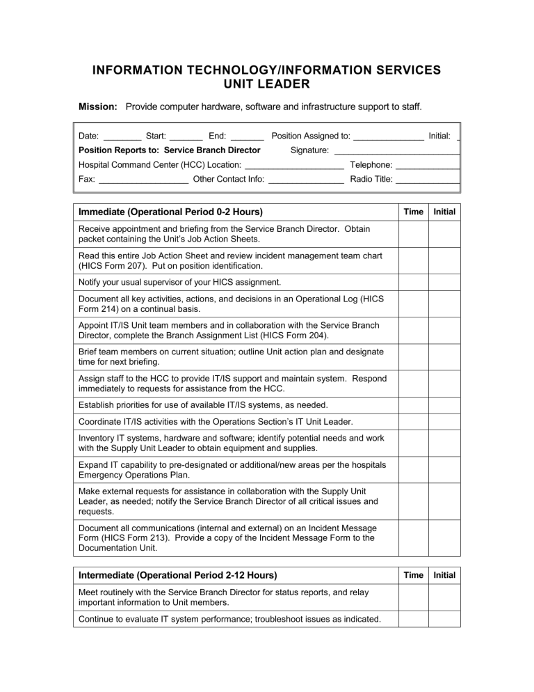 IT/IS Unit Leader Job Action Sheet - Hospital Emergency Response
